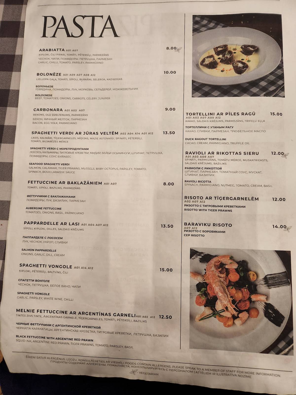 Menu at Naples restaurant, Riga, Andrejostas iela 5