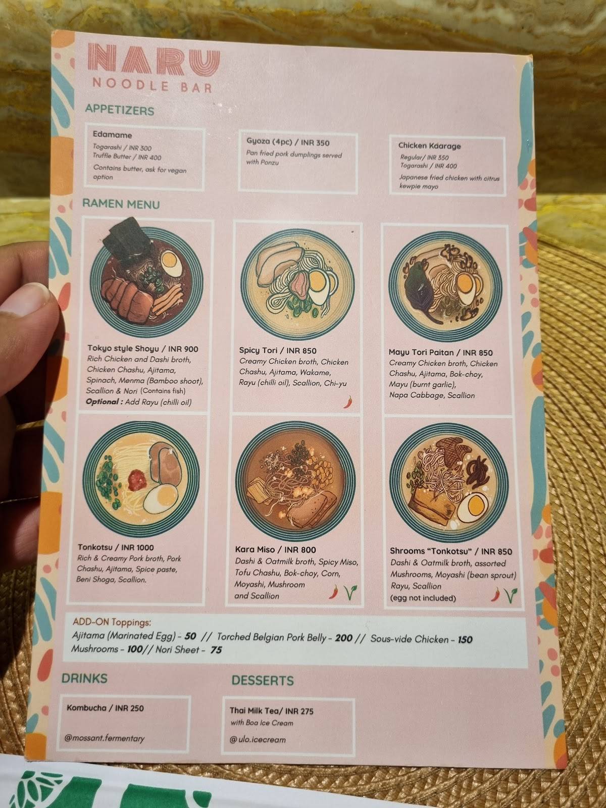 Menu at Naru Noodle Bar, Bengaluru