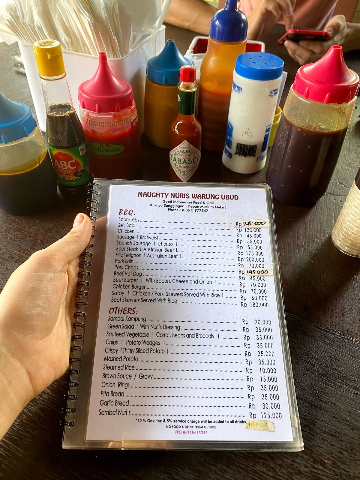 Menu at Naughty Nuri's Ubud restaurant, Ubud