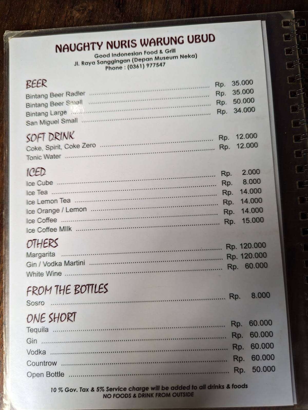 Menu at Naughty Nuri's Ubud restaurant, Ubud
