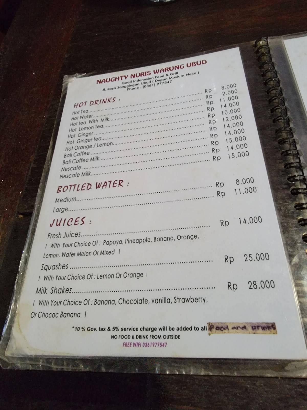 Menu at Naughty Nuri's Ubud restaurant, Ubud