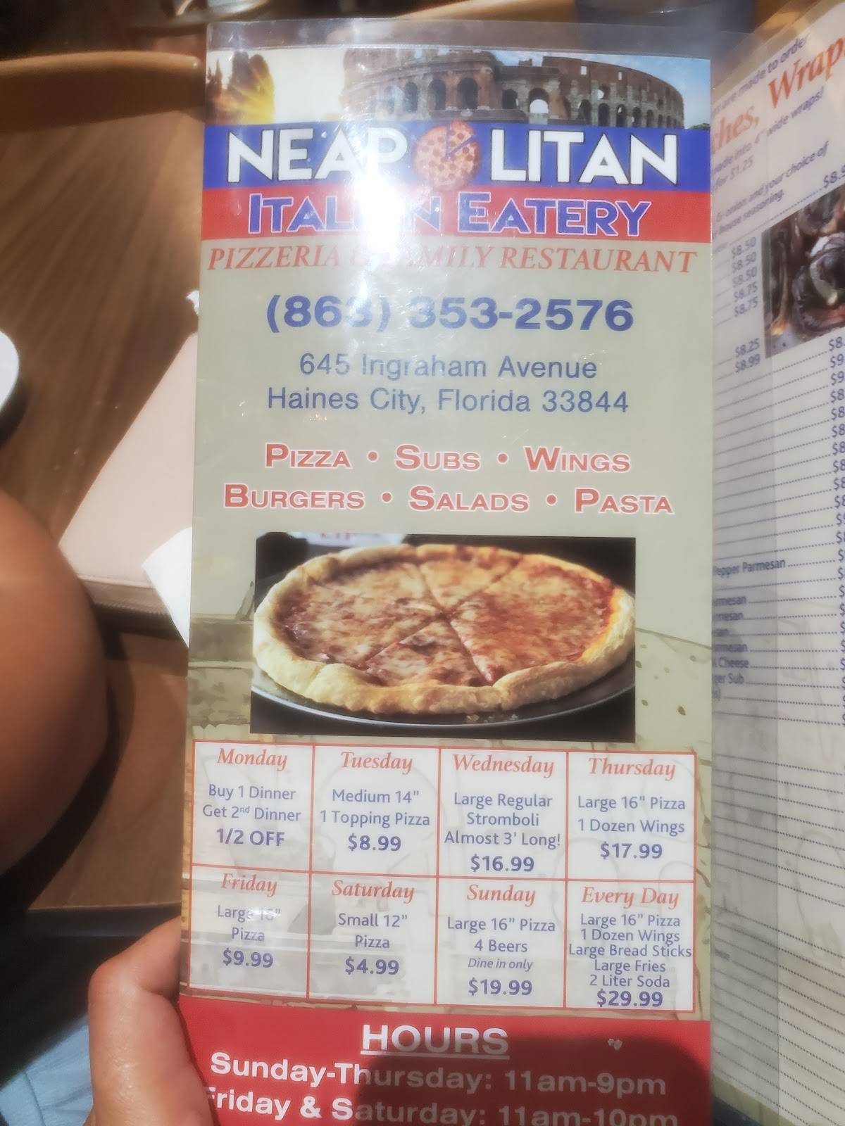 Menu at Neapolitan Italian Eatery pizzeria, Haines City