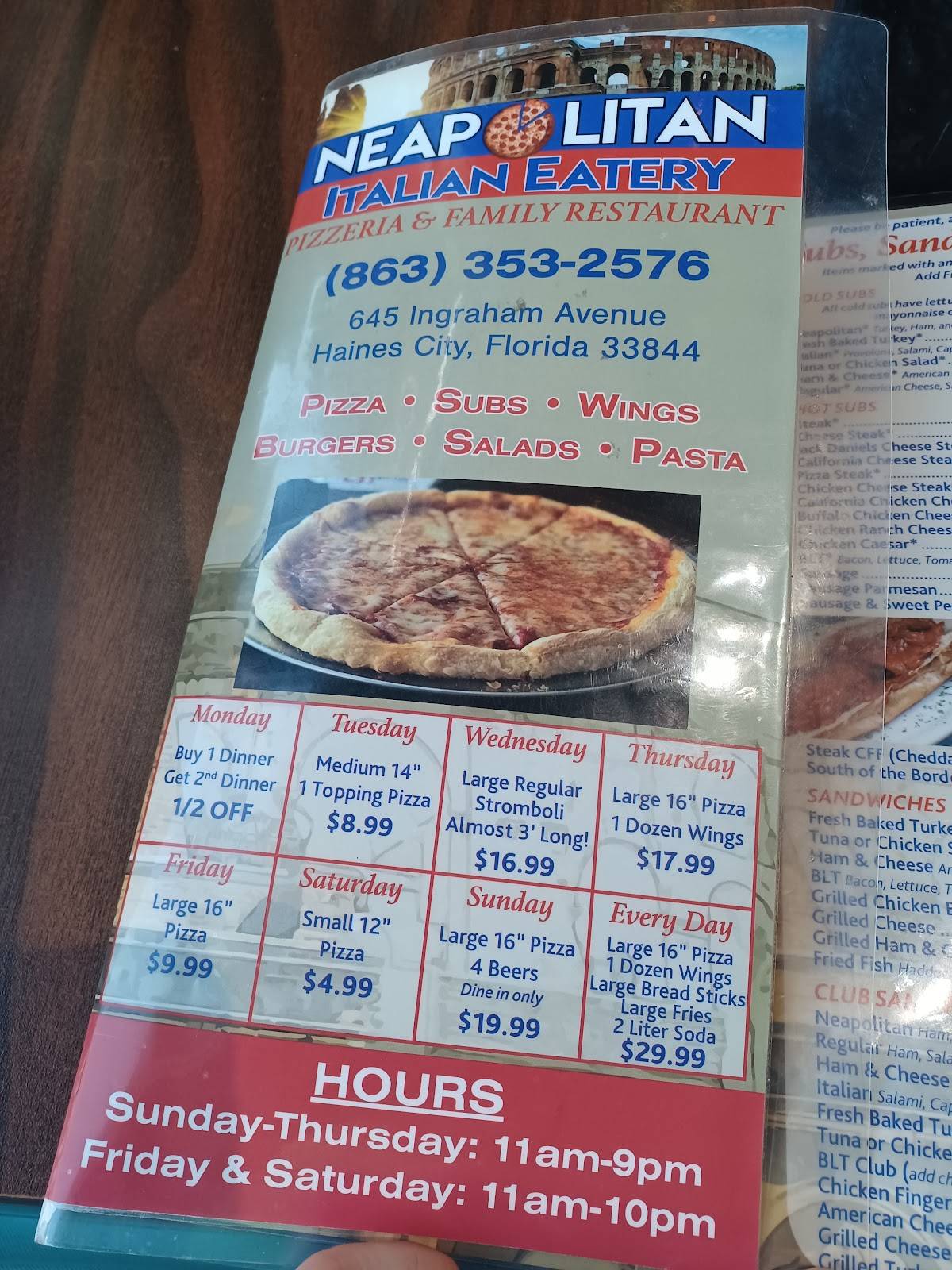 Menu at Neapolitan Italian Eatery pizzeria, Haines City