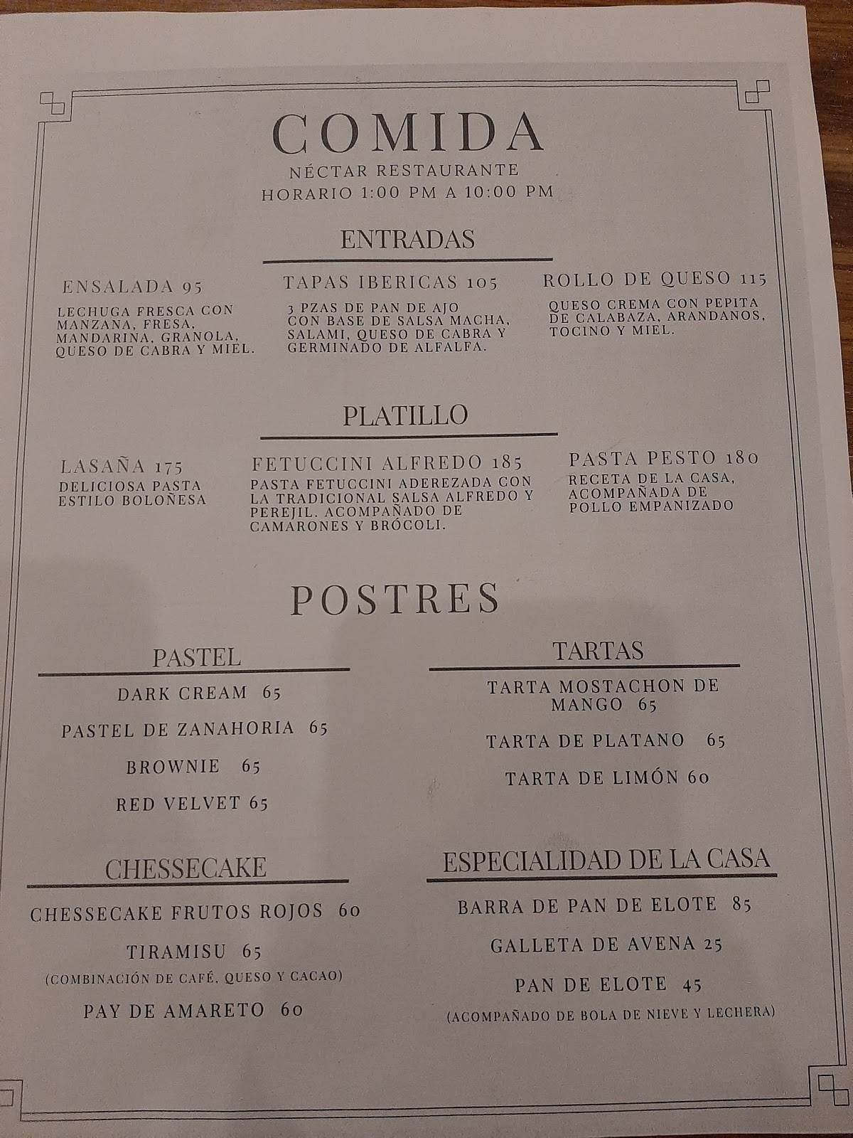 Carta de Néctar Restaurante Cafetales, Chihuahua