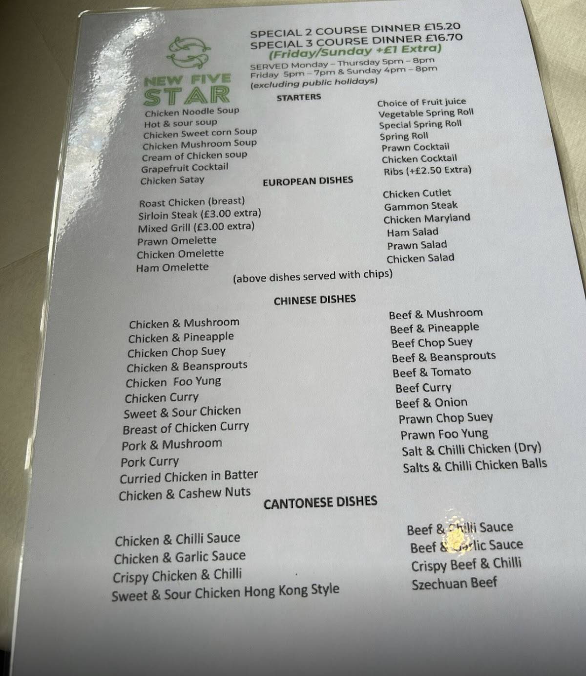 Menu at New Five Star Restaurant, Kilmarnock