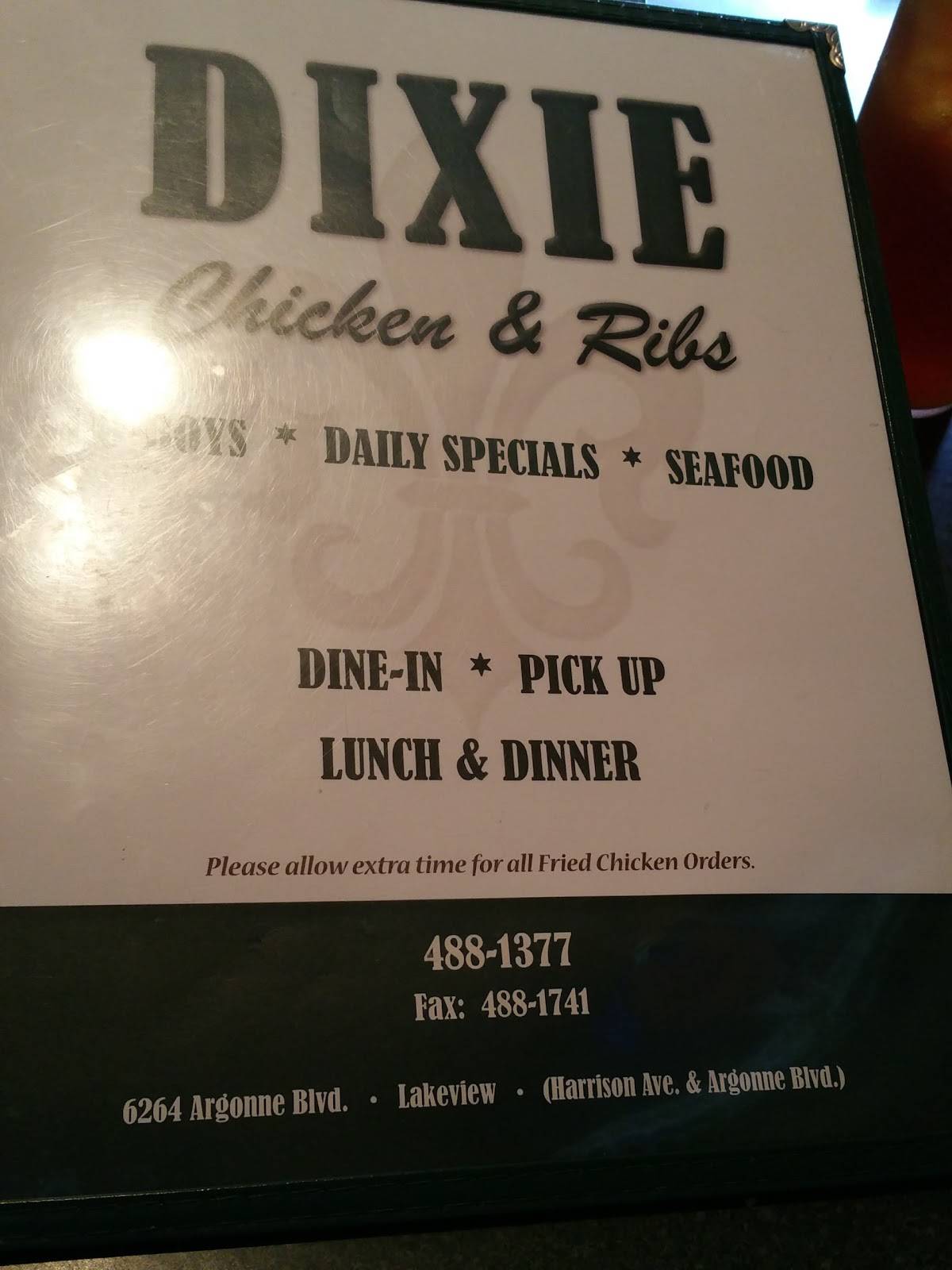 Menu at Dixie Chicken & Ribs restaurant, New Orleans