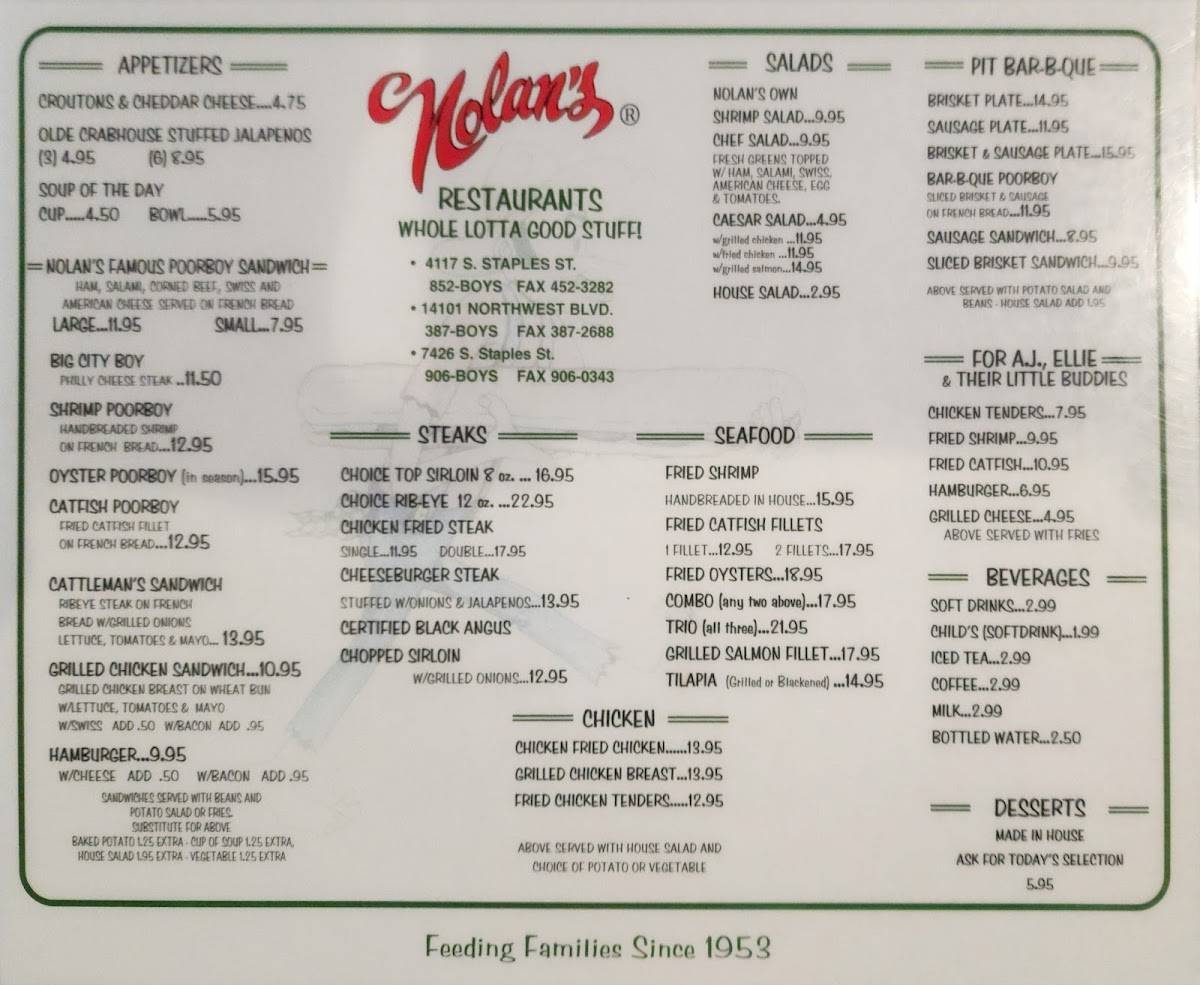 Menu at Nolan’s Restaurant 4117 south staples, Corpus Christi, S Staples St