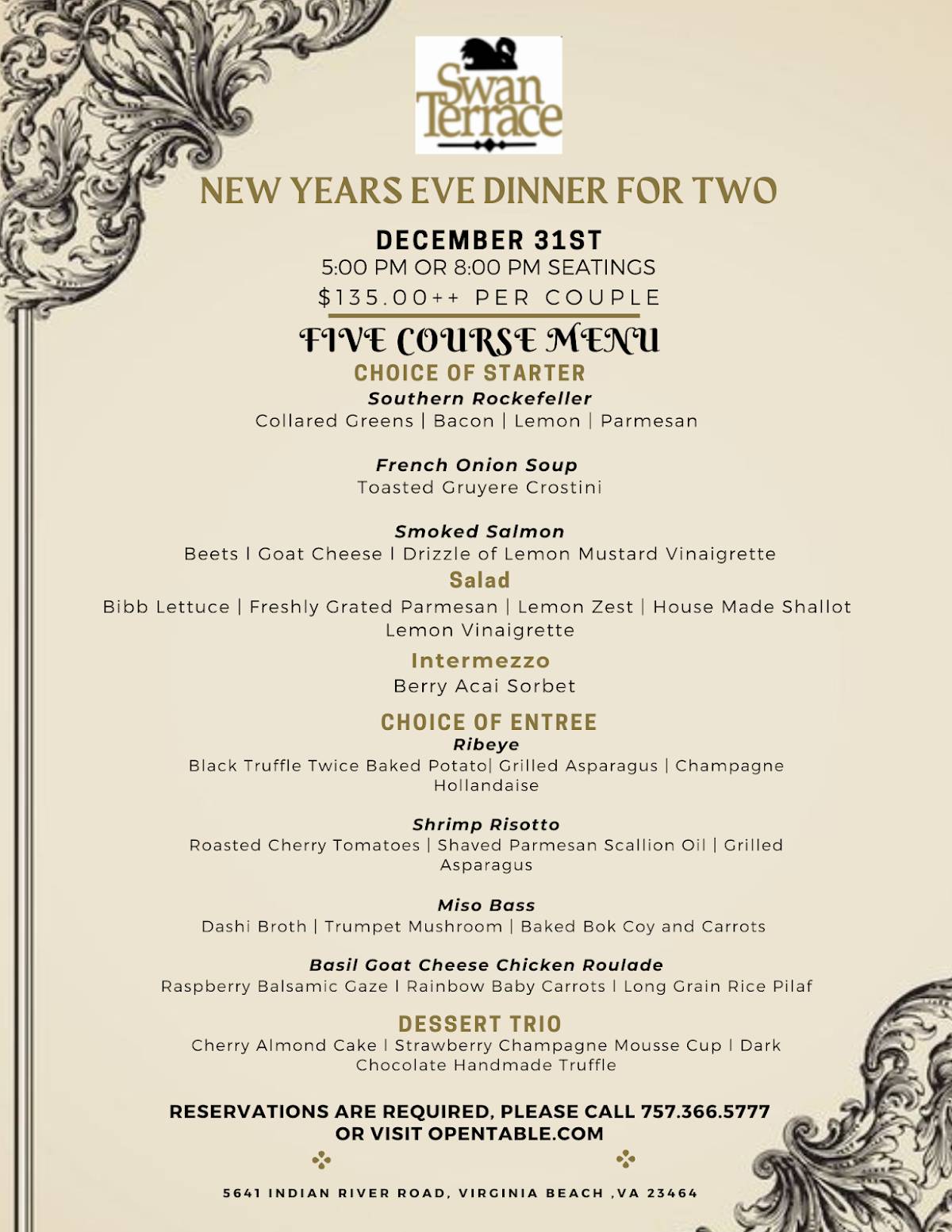 Menu at The Swan Terrace restaurant, Virginia Beach