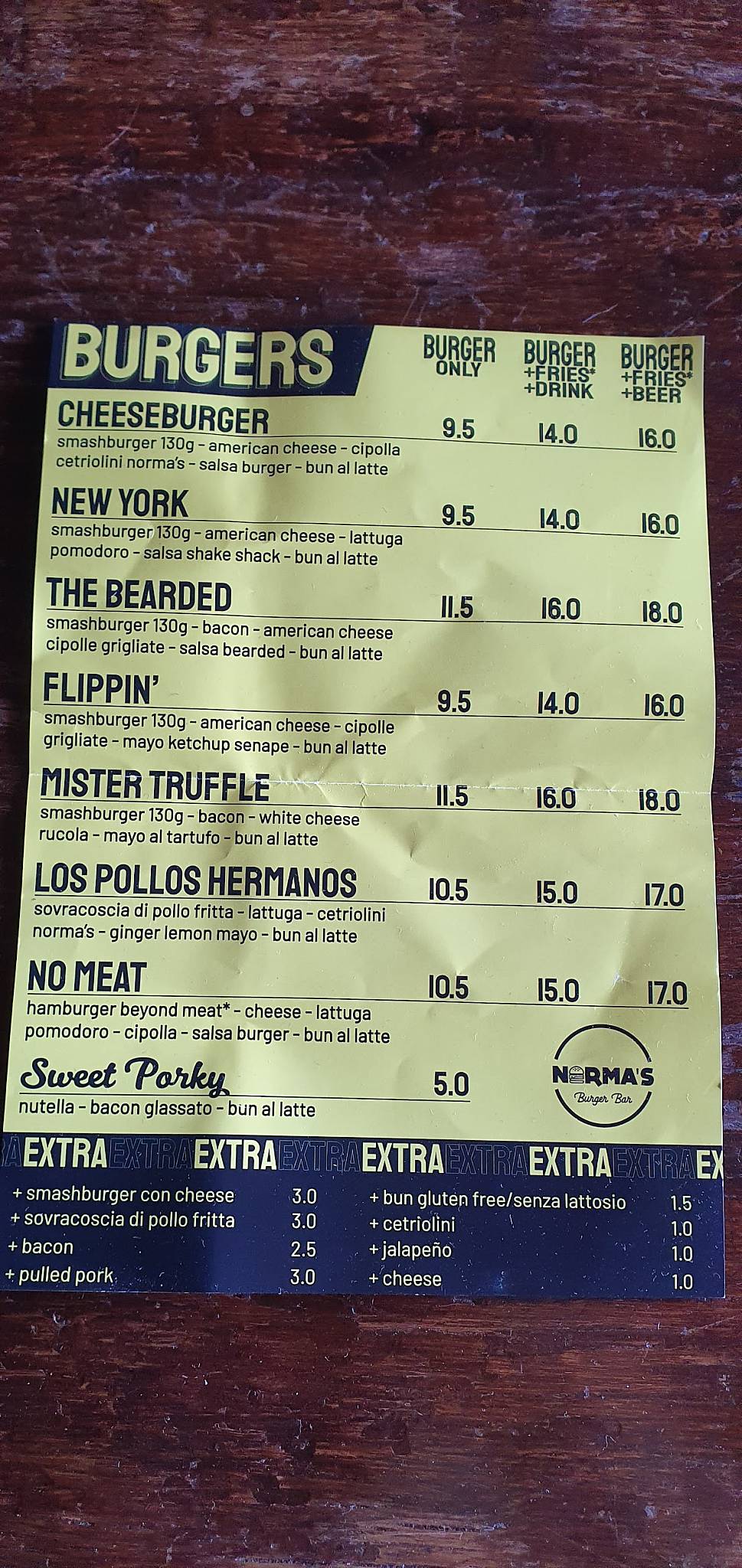 Speisekarte von Norma's Burger Bar, Ferrara