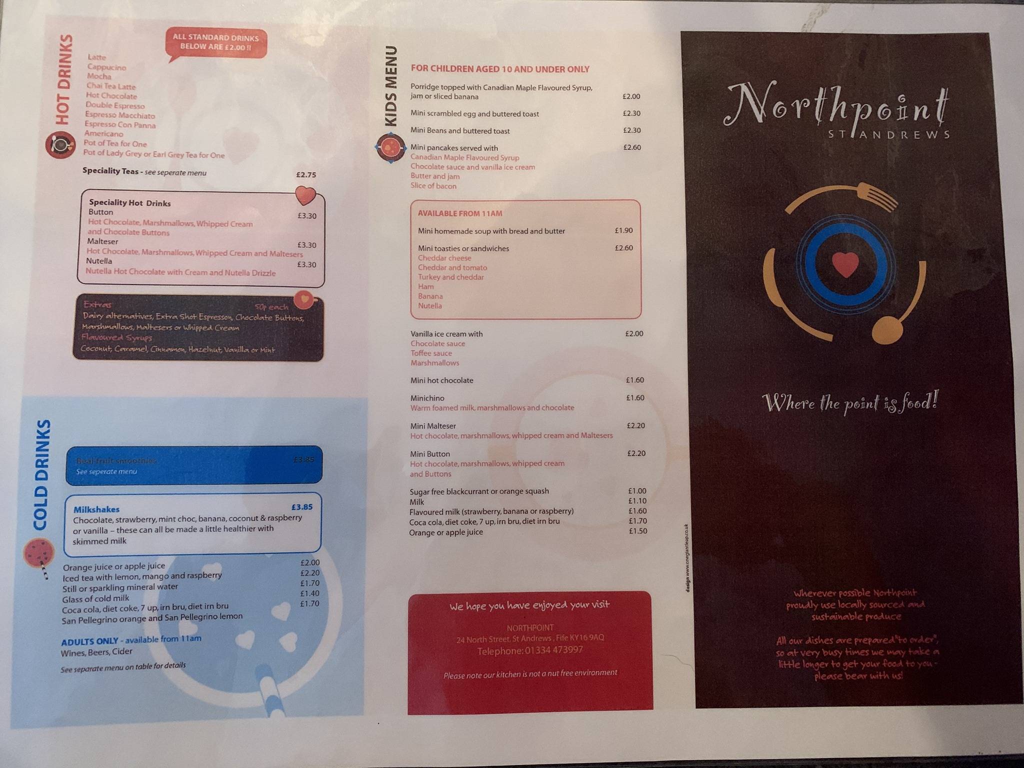 Menu at Northpoint Cafe, Saint Andrews