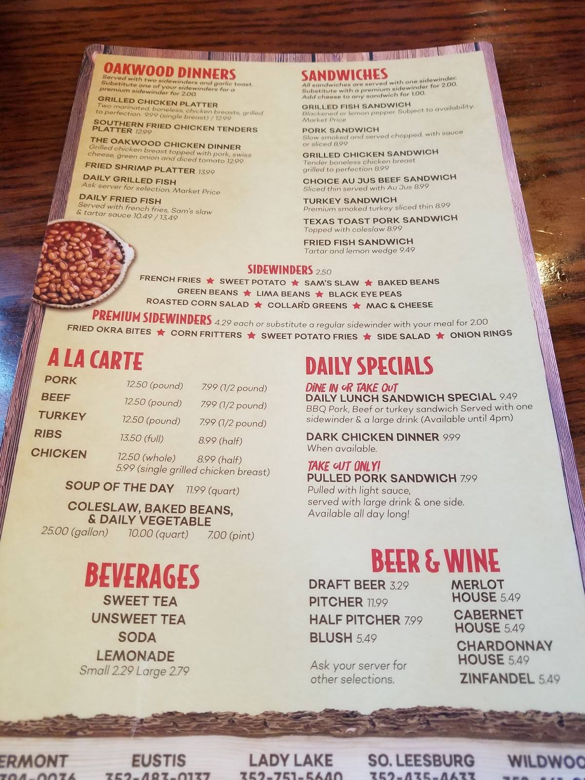 Menu at Oakwood Smokehouse & Grill BBQ, Eustis