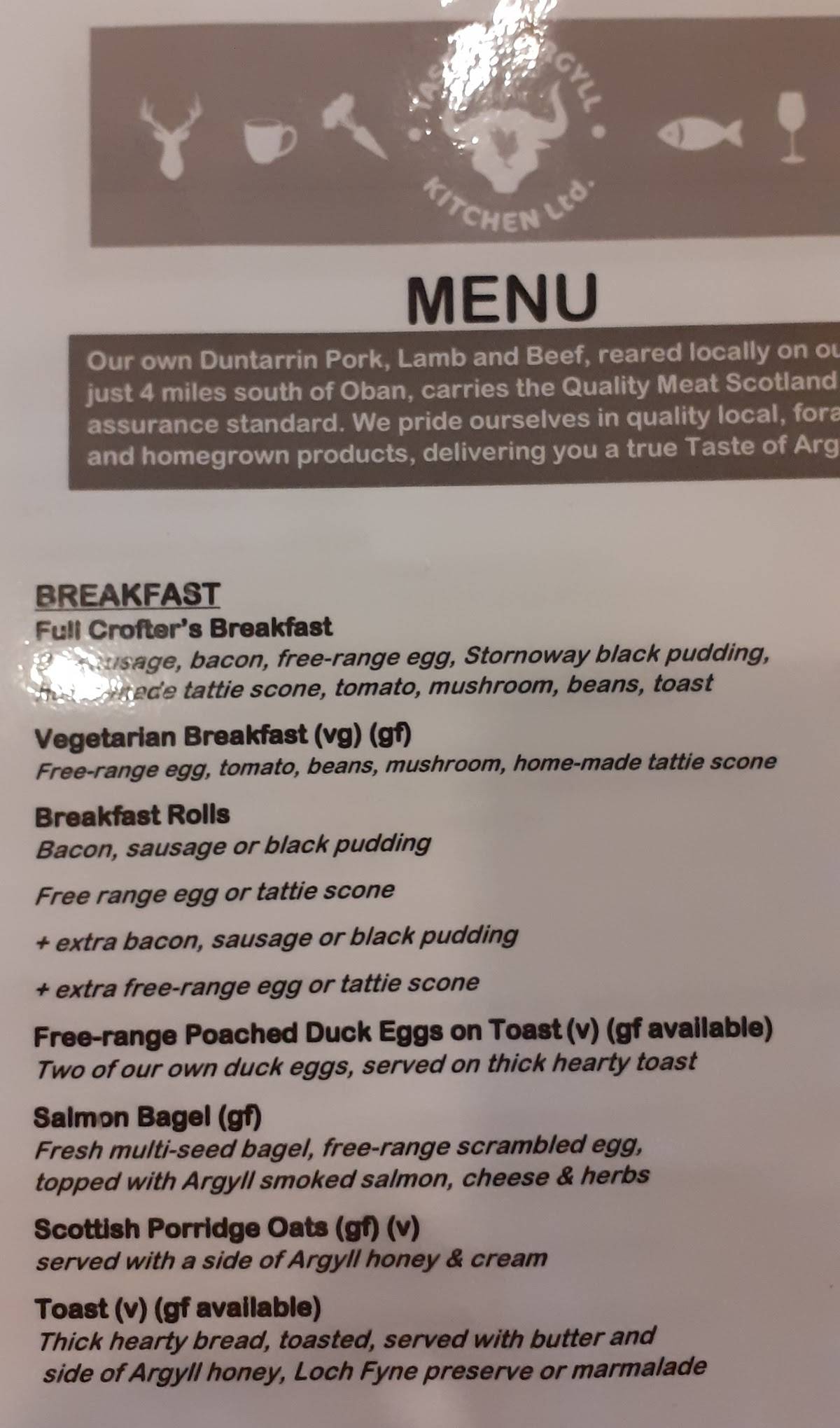 Menu at Taste of Argyll Kitchen cafe, Oban