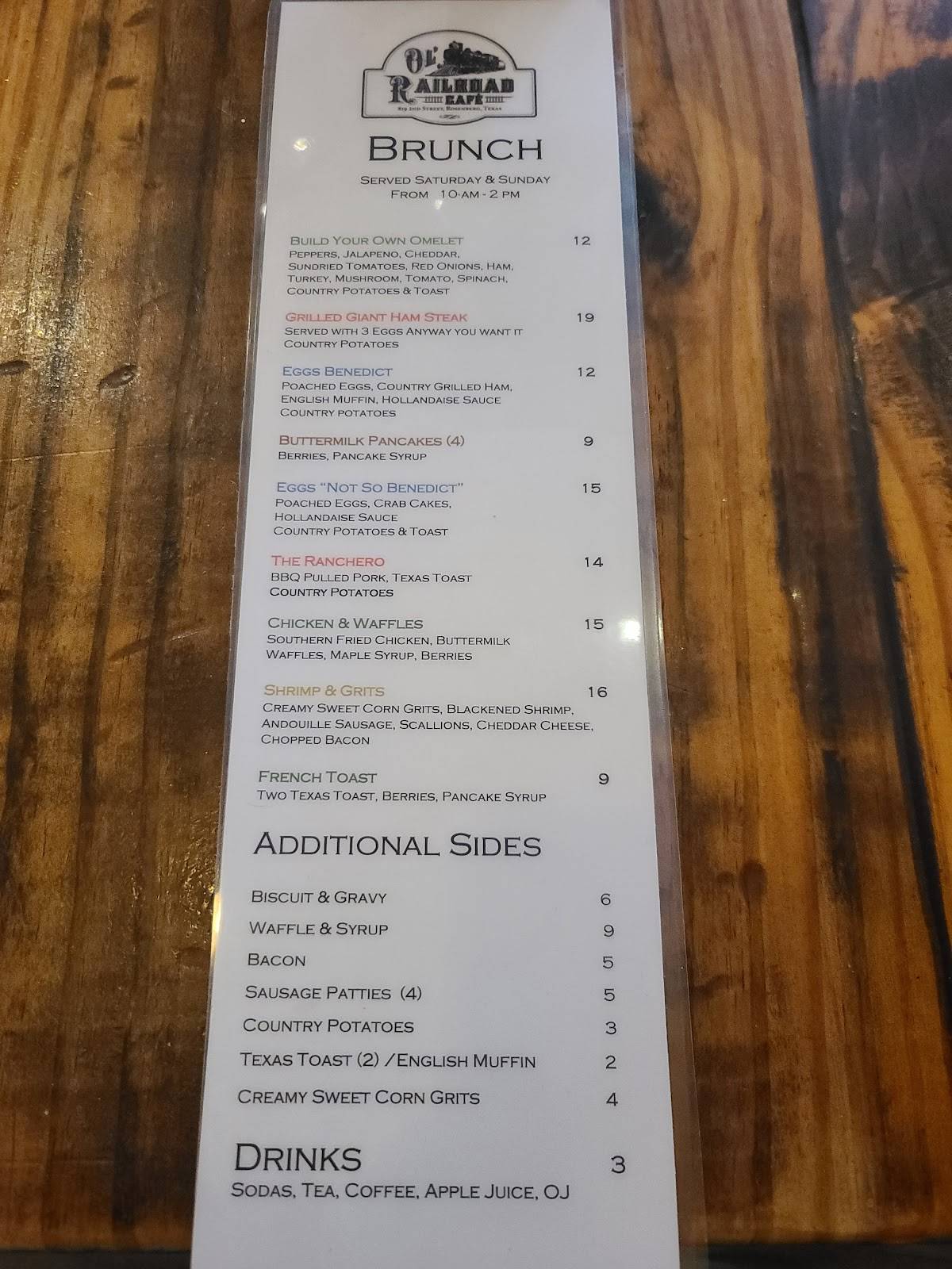 Menu at Ol' RailRoad Cafe, Rosenberg