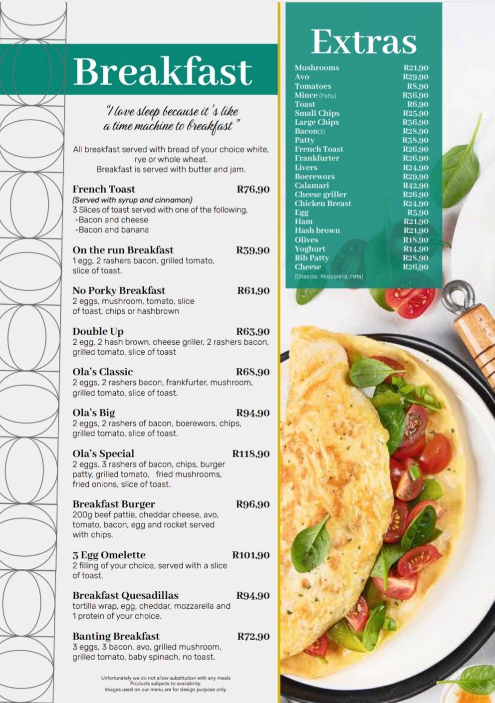 Menu at Ola's Unique Restaurant, Pretoria