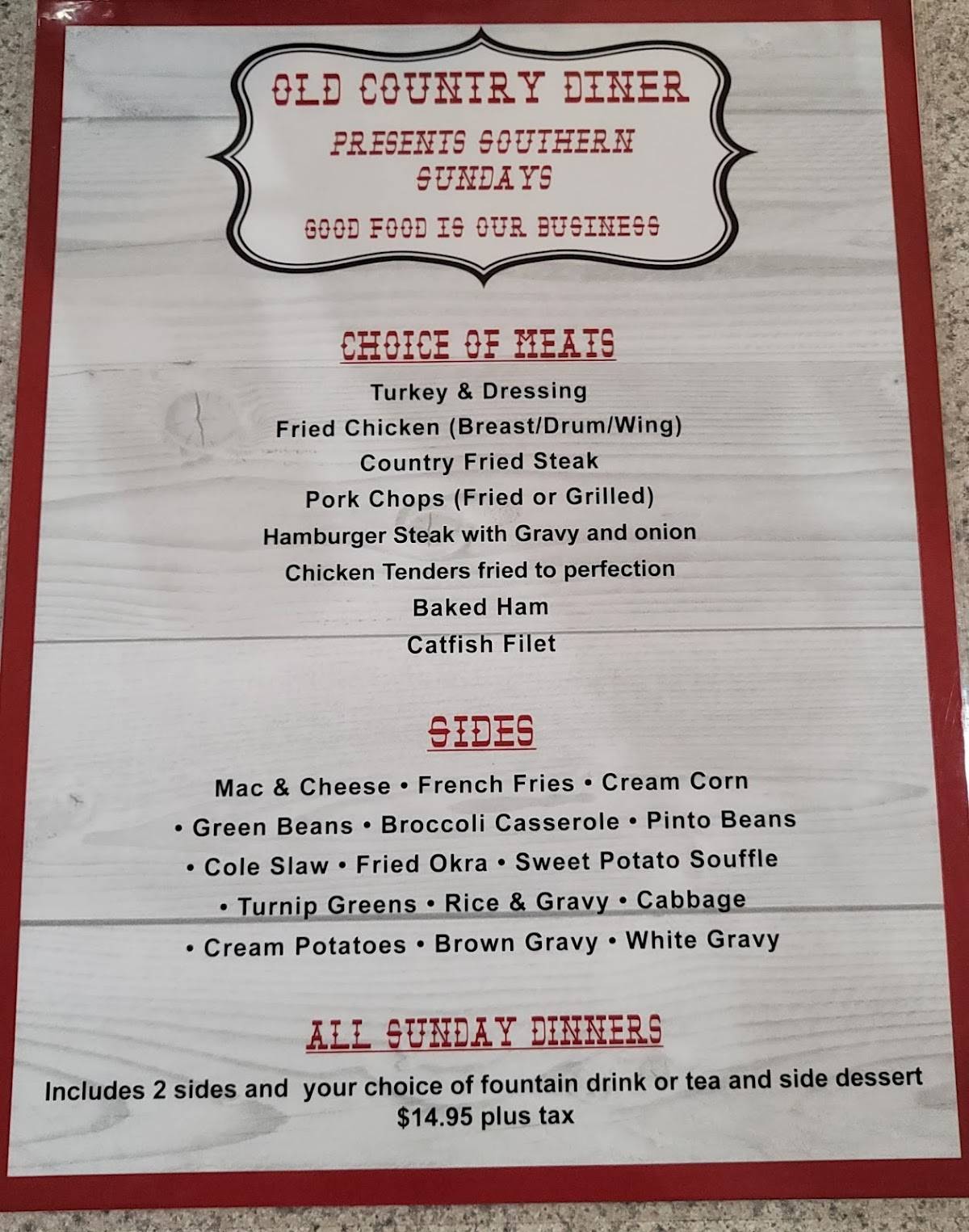 Menu at Old Country Diner restaurant, Abbeville
