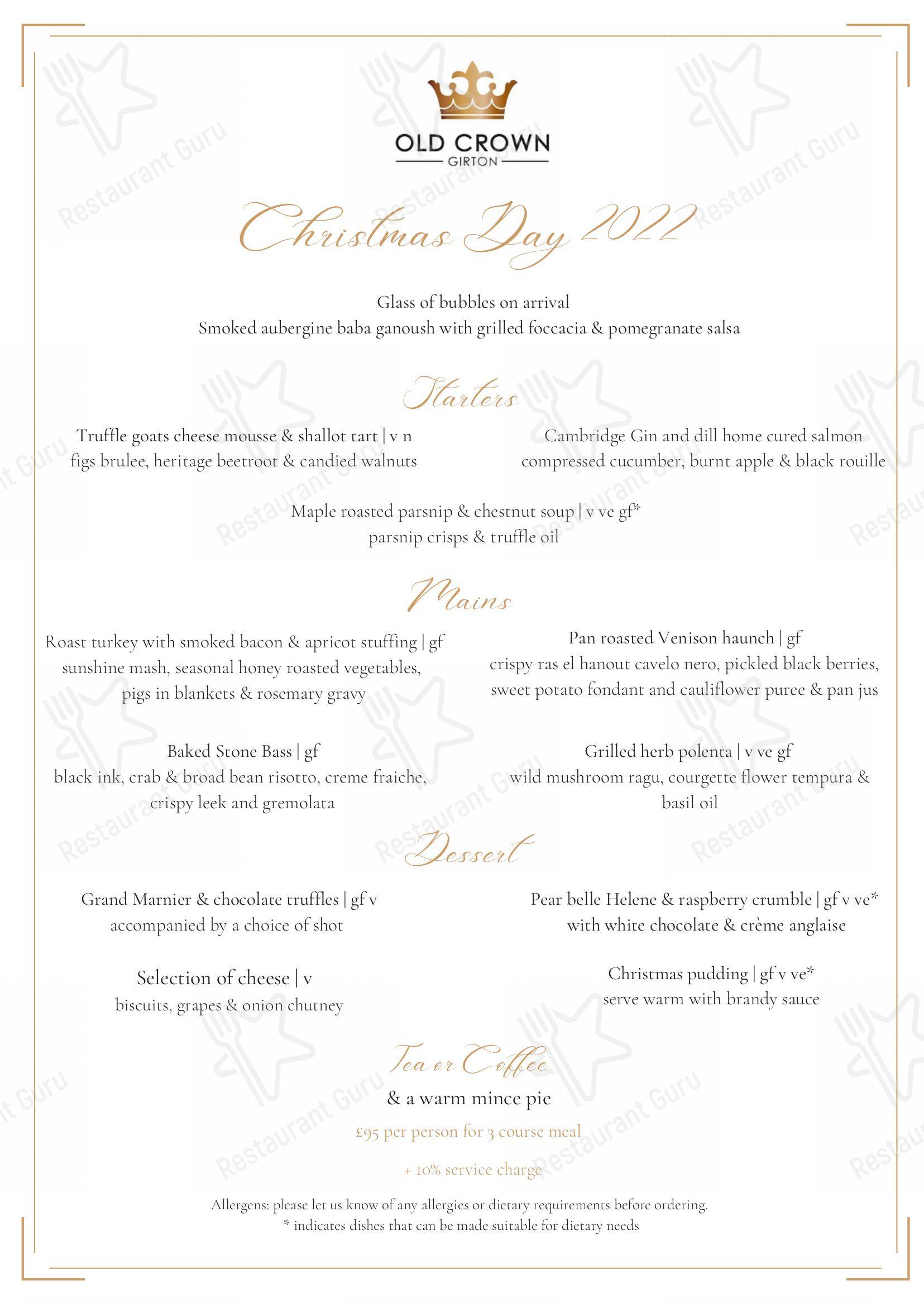 Menu at Old Crown Girton pub & bar, Cambridge