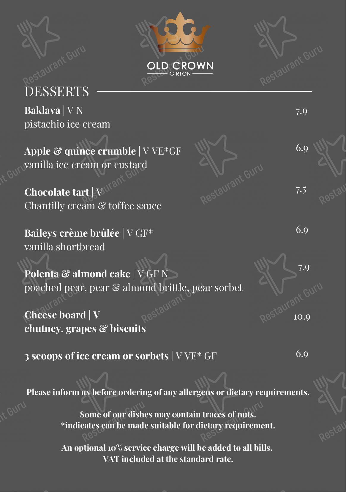 Menu at Old Crown Girton pub & bar, Cambridge