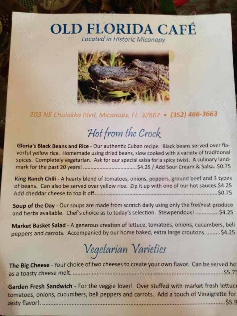 Menu at Old Florida Cafe, Micanopy, 203 NE Cholokka Blvd
