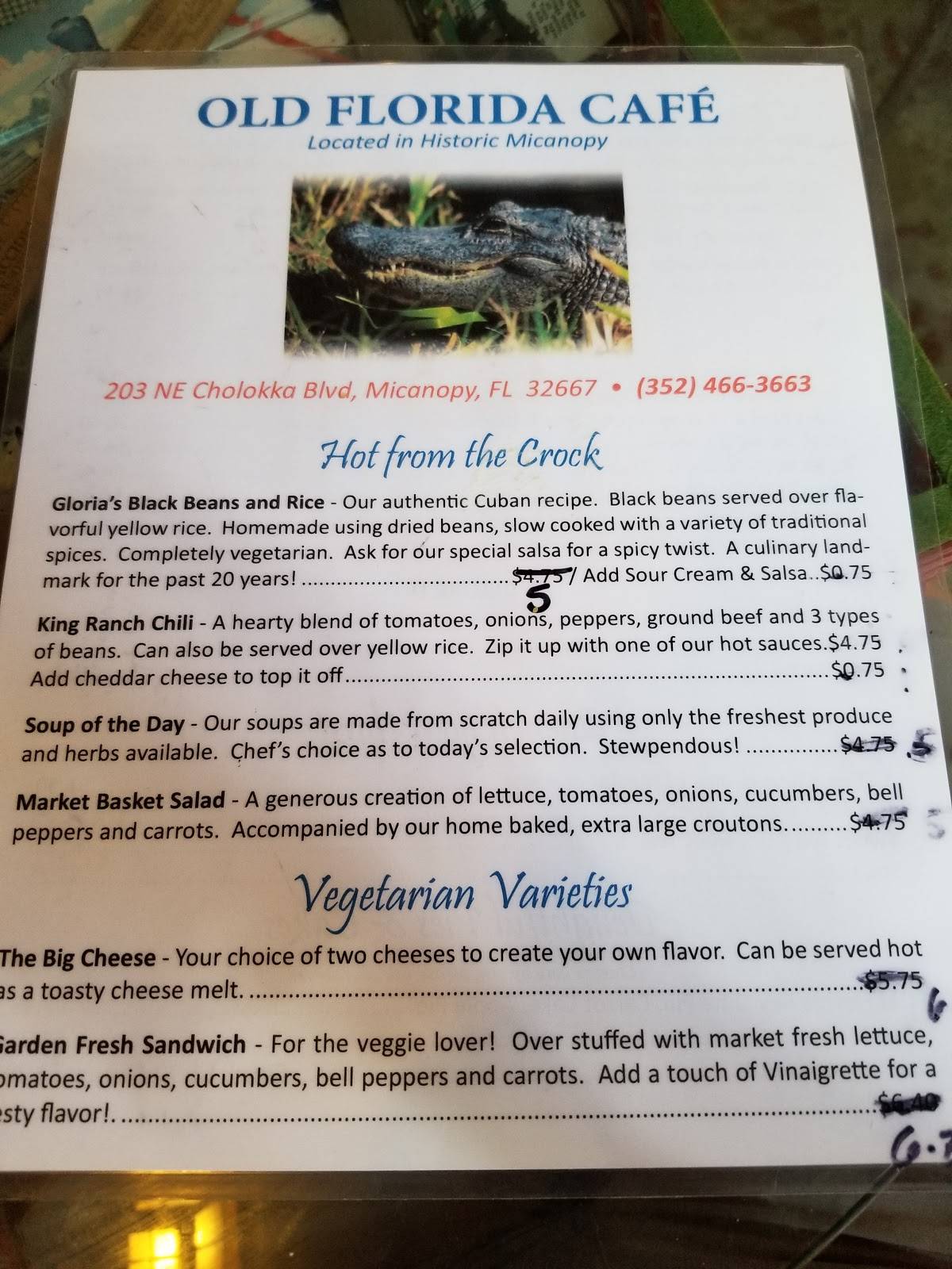 Menu at Old Florida Cafe, Micanopy, 203 NE Cholokka Blvd