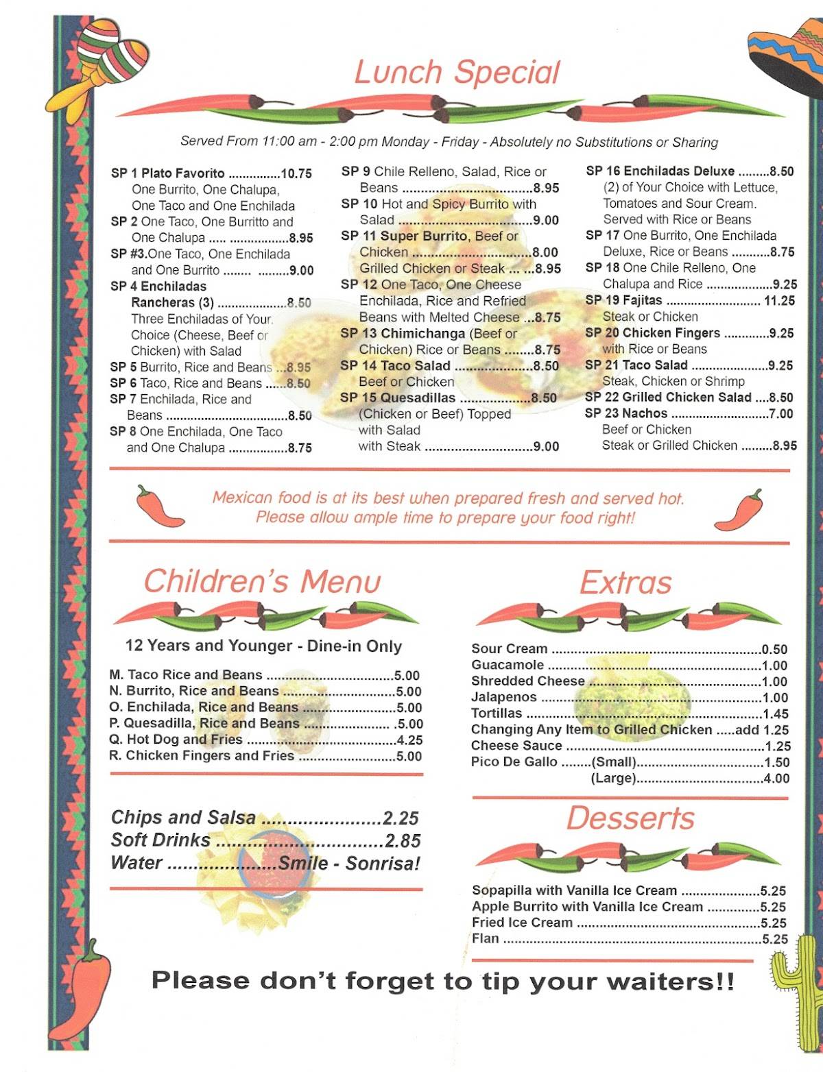 Menu at Old Mexico, mexican restaurant,, Perry