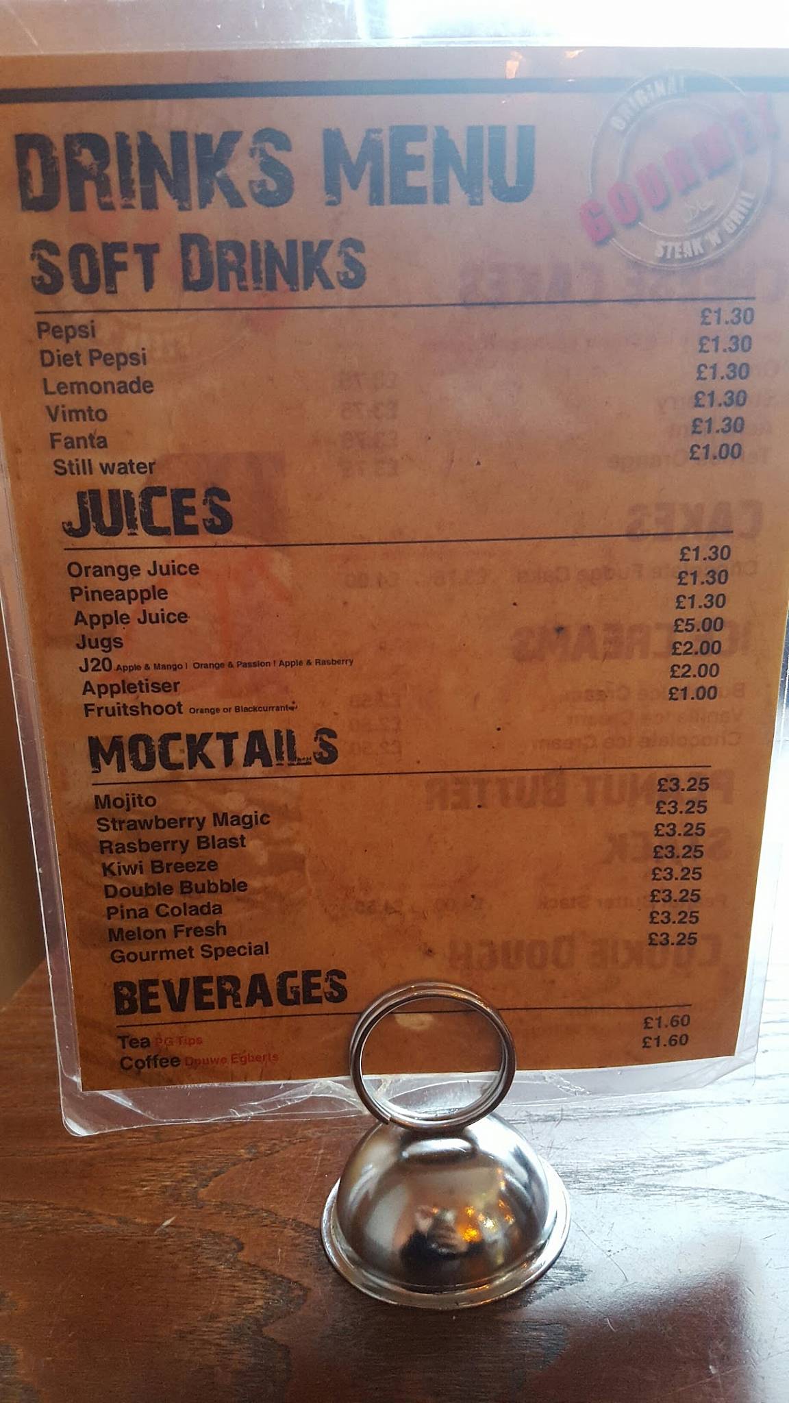 Menu at Gourmet steakhouse, Oldham