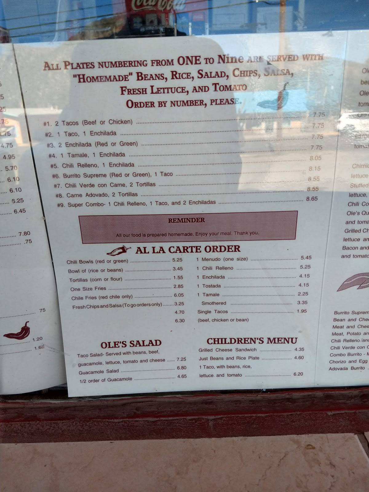 Menu at Ole Taco restaurant, Ruidoso