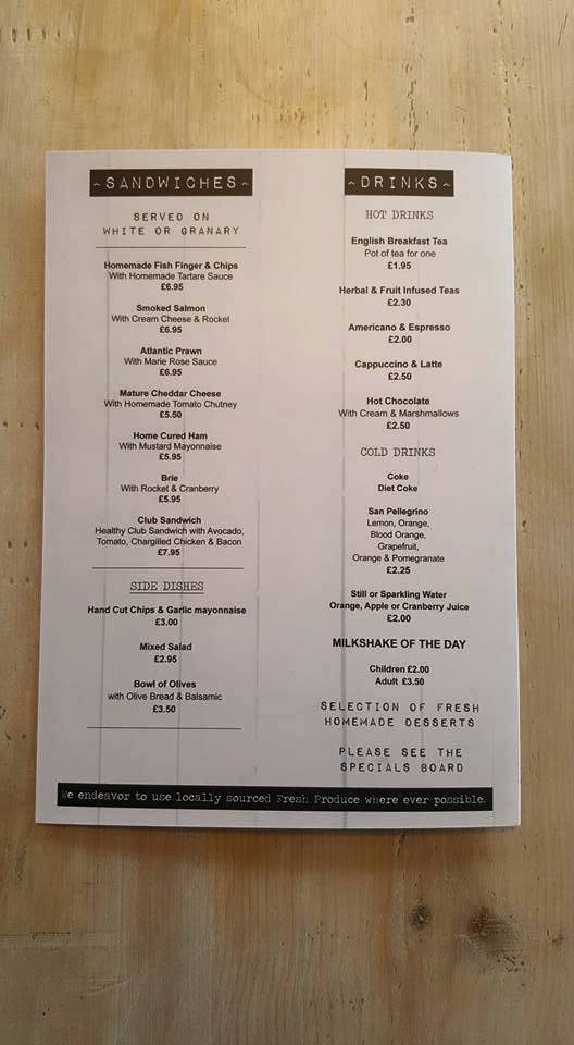 Menu at Oliver's on the Beach cafe, Southend-on-Sea