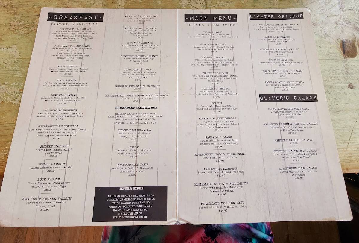 Menu at Oliver's on the Beach cafe, Southend-on-Sea