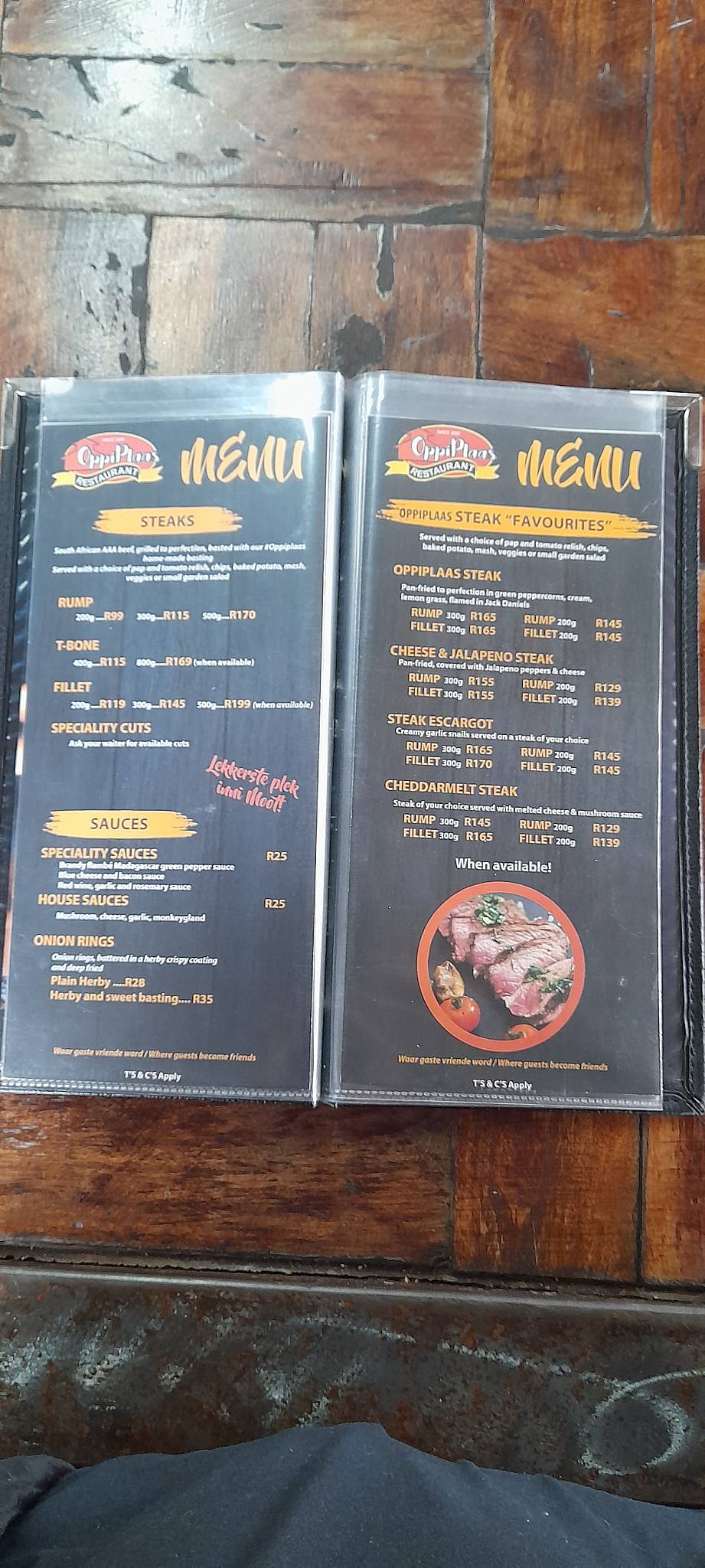Menu at Oppiplaas restaurant, Pretoria