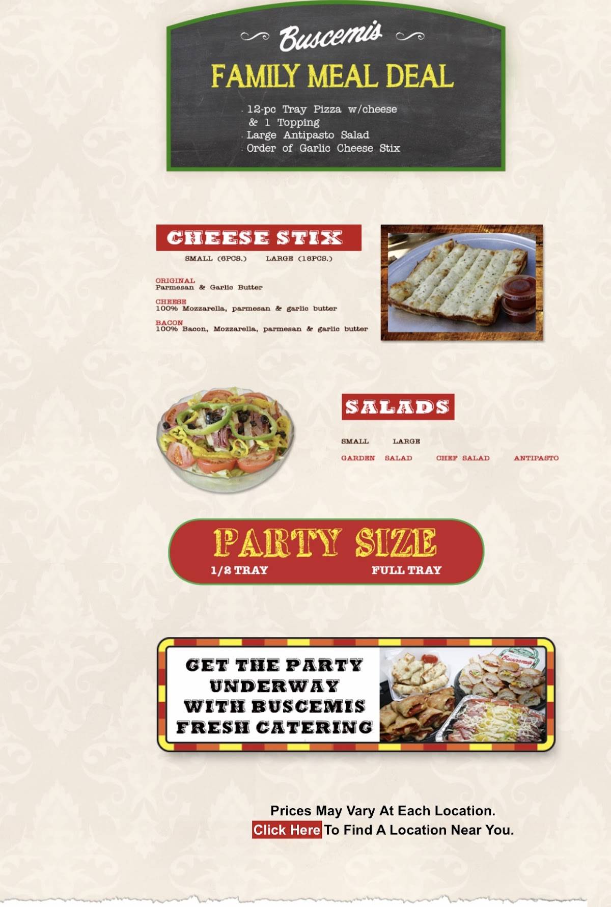 Menu at Original Buscemi's pizzeria, Saint Clair