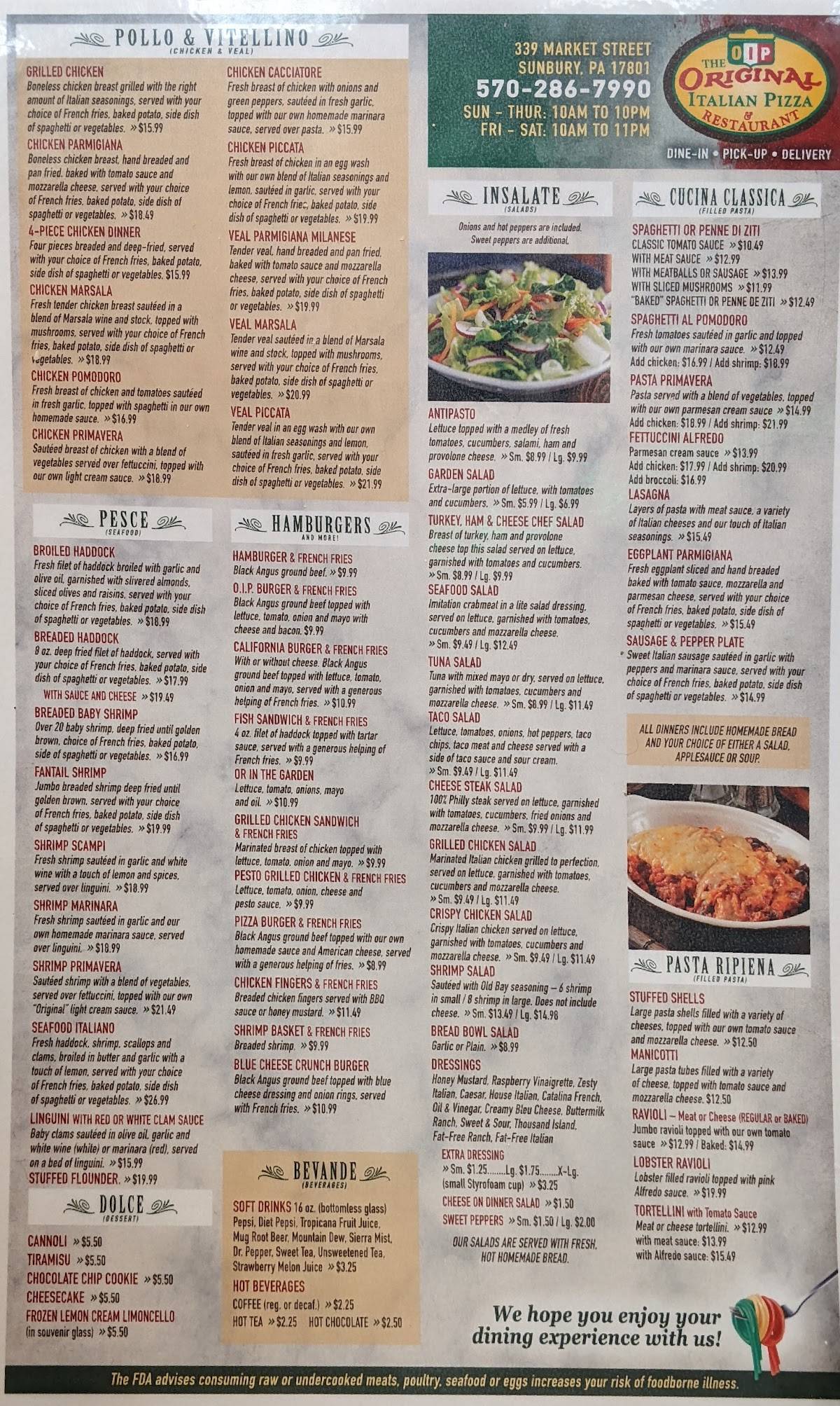 Menu at Original Italian Pizza pizzeria, Sunbury, 339 Market St