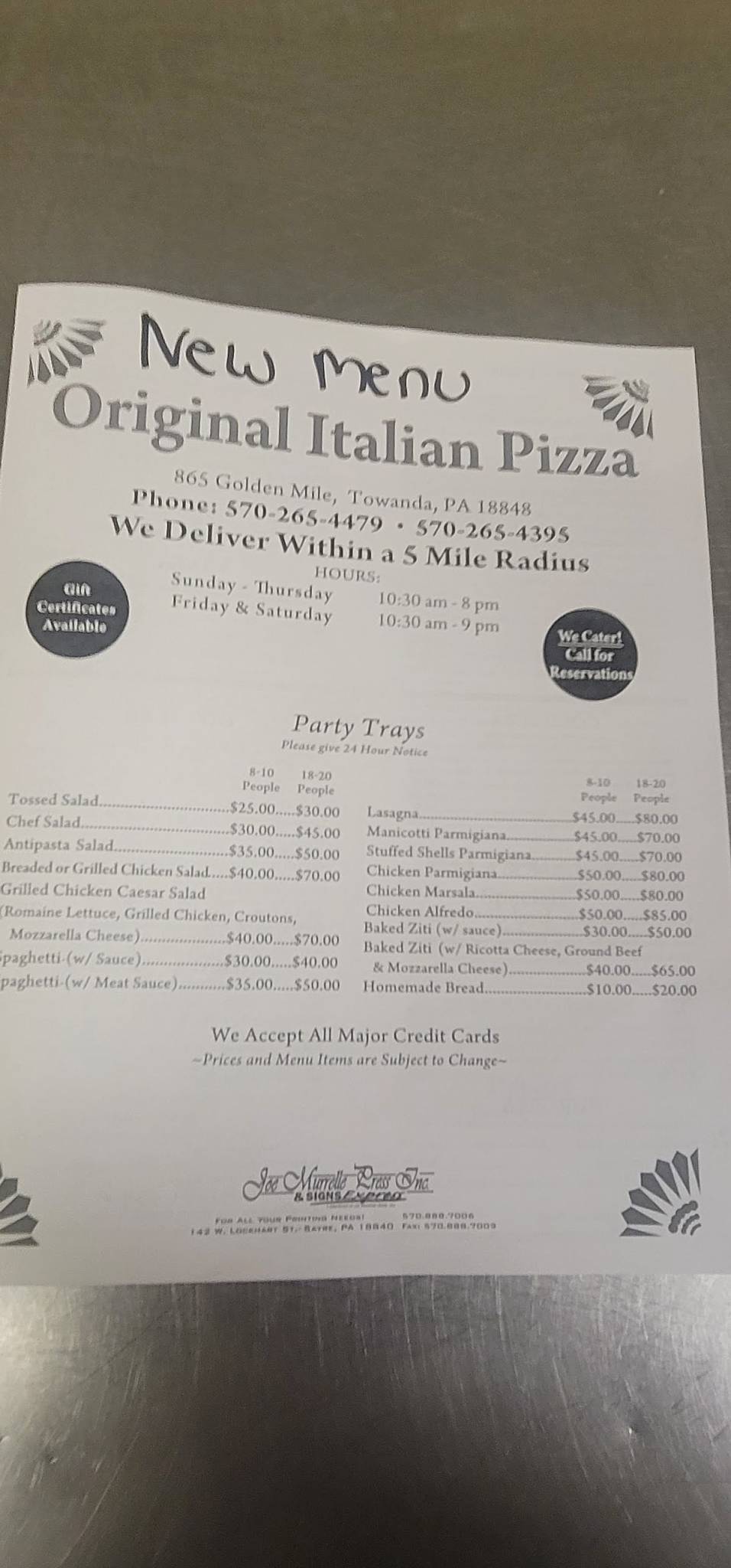 Menu at Original Italian Pizza pizzeria, Towanda