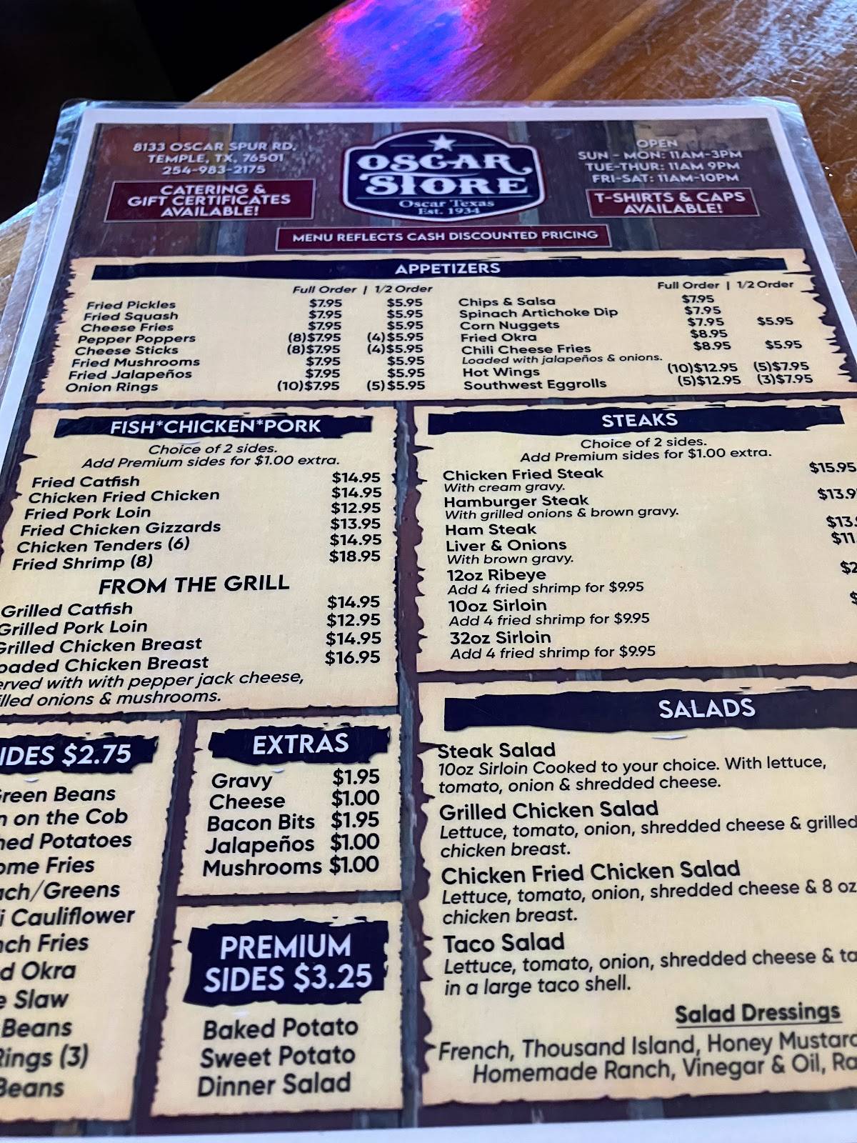 Menu at Oscar Store steakhouse, Temple, Oscar Spur