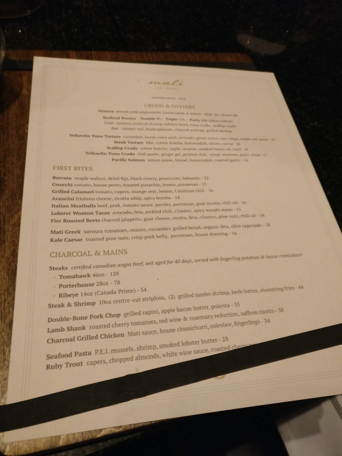 Menu at Mati restaurant, Ottawa