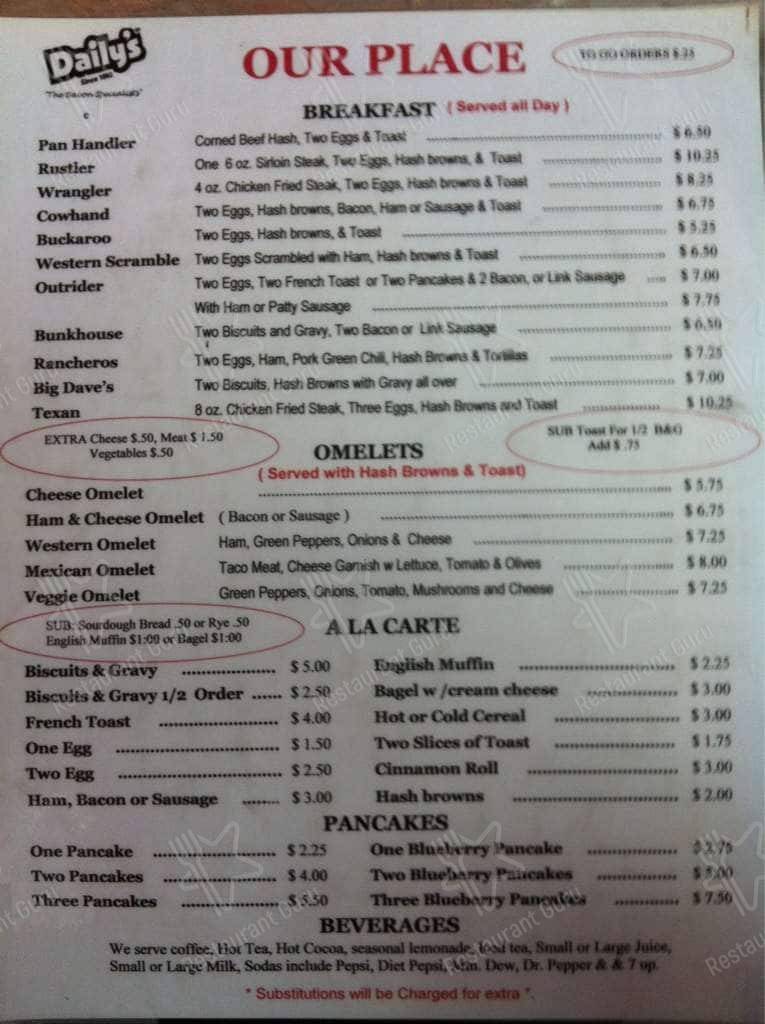 Menu at Our Place cafe, Cody