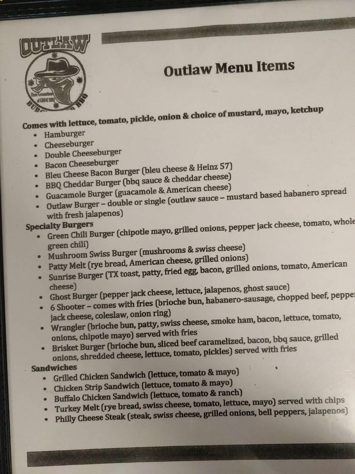 Menu at Outlaw Burgers & BBQ, Justin