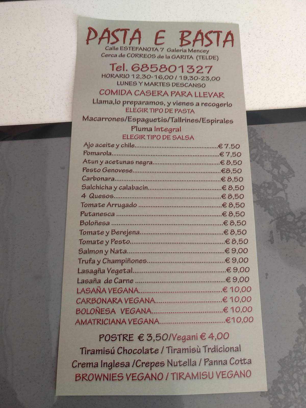 Menu at PASTA E BASTA restaurant, La Garita