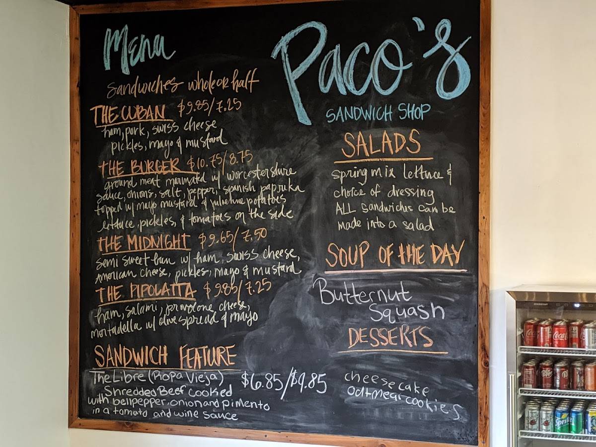 Menu at Paco's Sandwich Shop restaurant, Morgan City