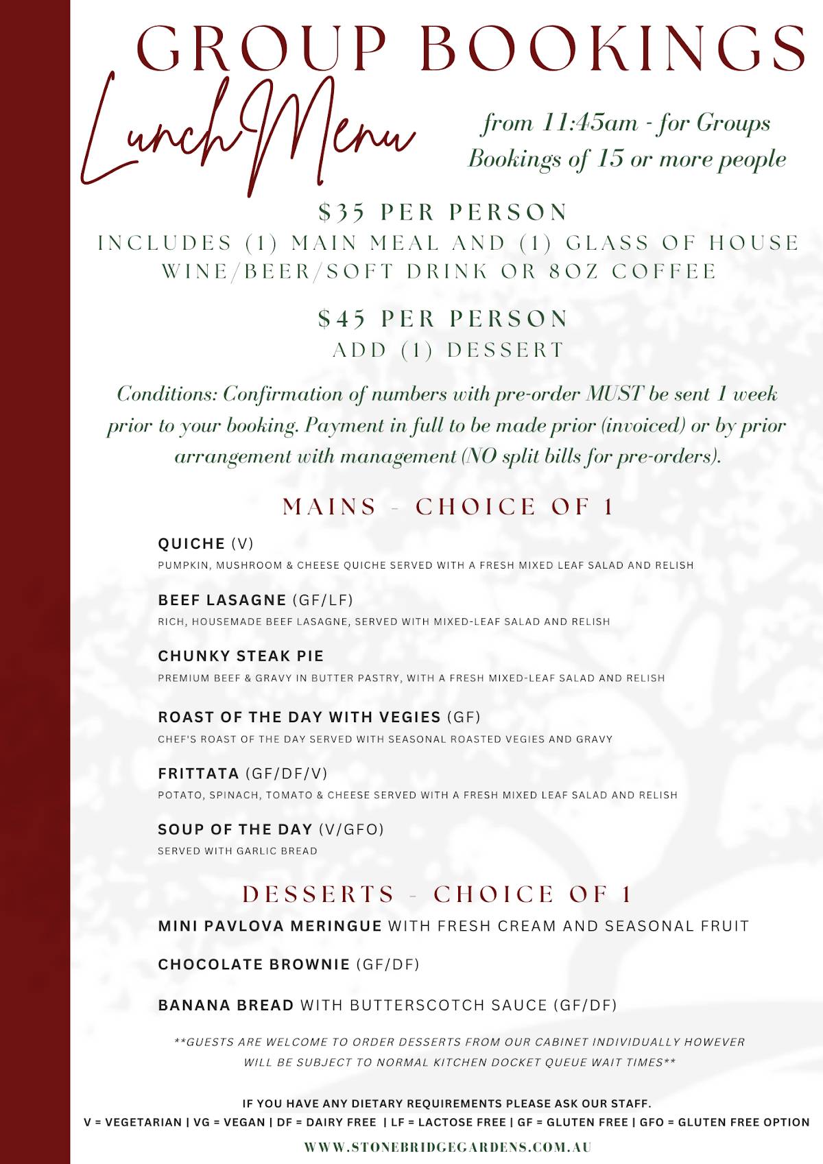 Menu at Stonebridge Gardens restaurant, Palmwoods