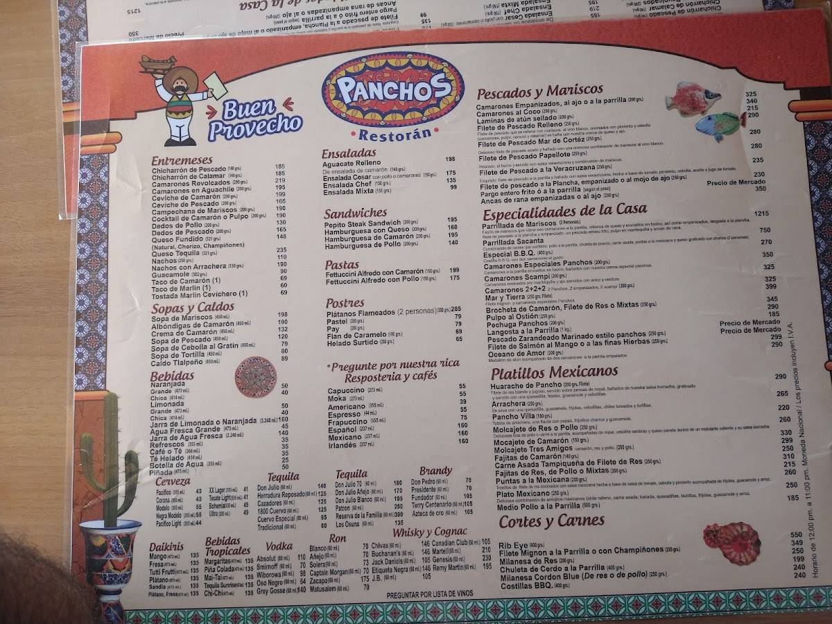Menu at Pancho's Restaurant, Mazatlán, Av. Gaviotas 408