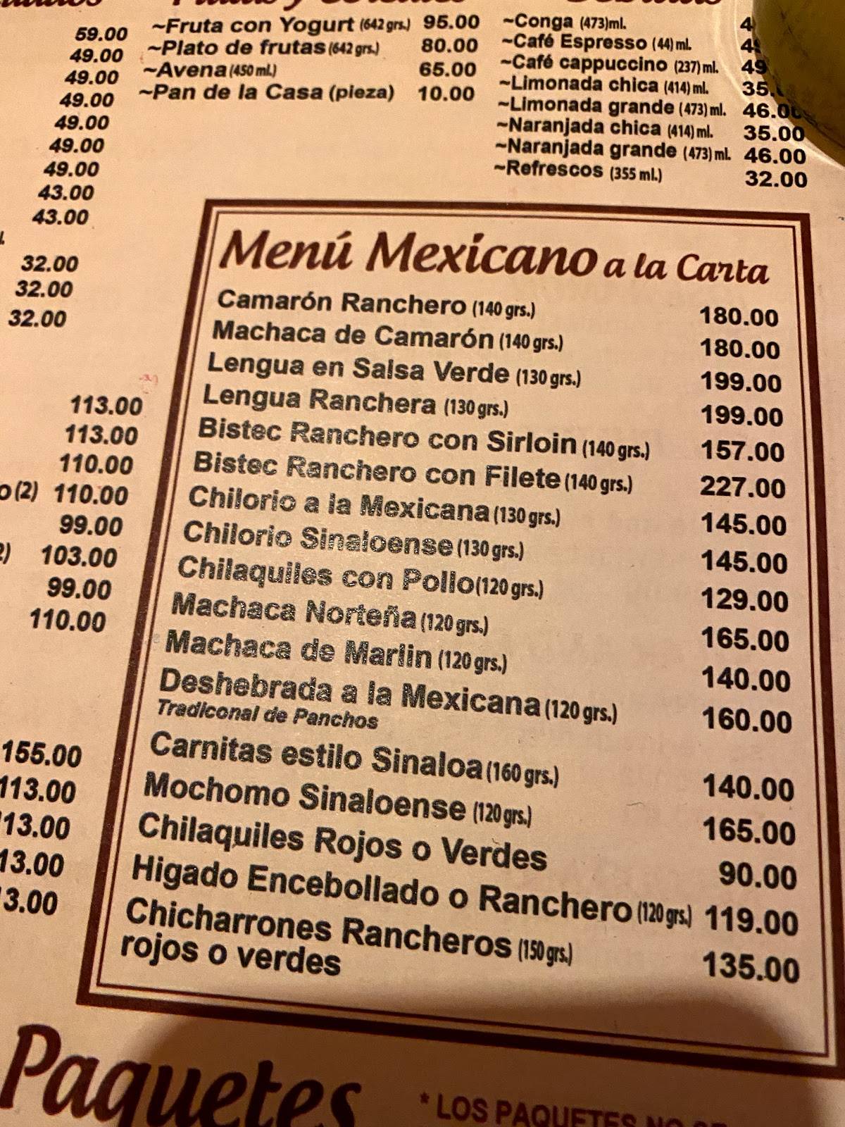 Menu at Pancho's Restaurant, Mazatlán, Av. Gaviotas 408