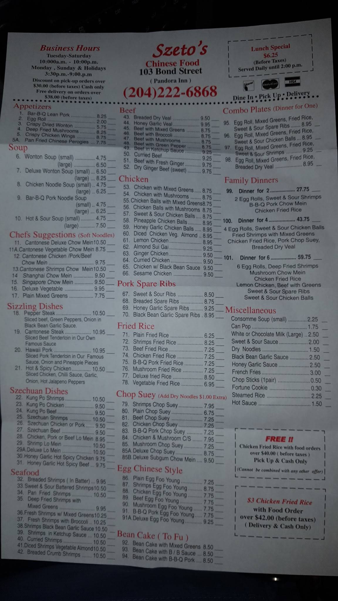 Menu at Pandora Inn Szeto restaurant, Winnipeg