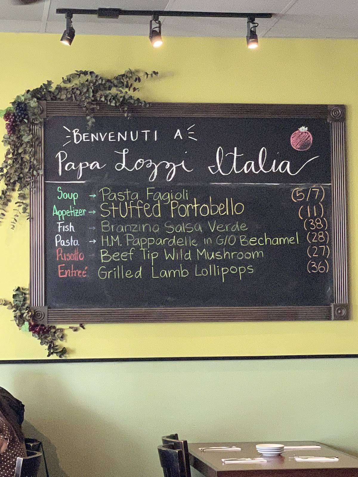 Menu at Papa Lozzi Italia steakhouse, Orlando