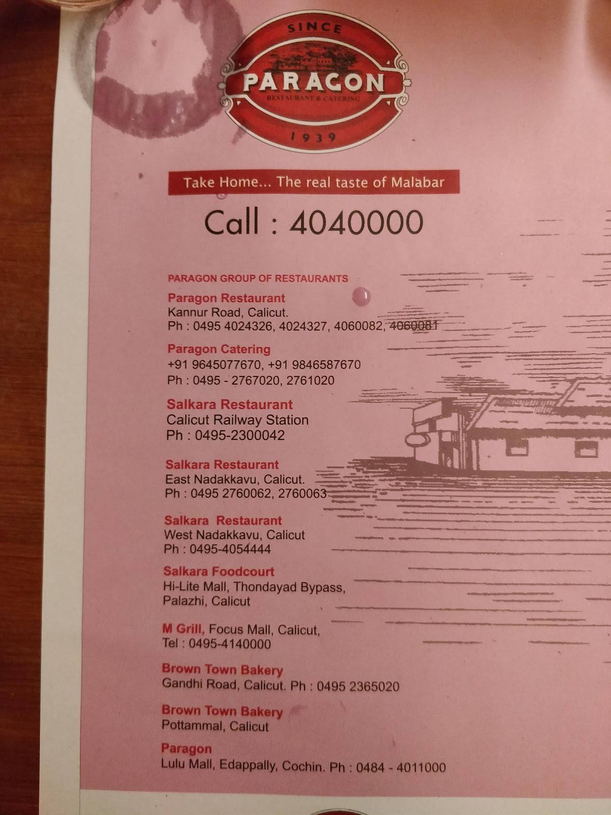 Menu at Paragon Restaurant, Kozhikode, Kannur Rd