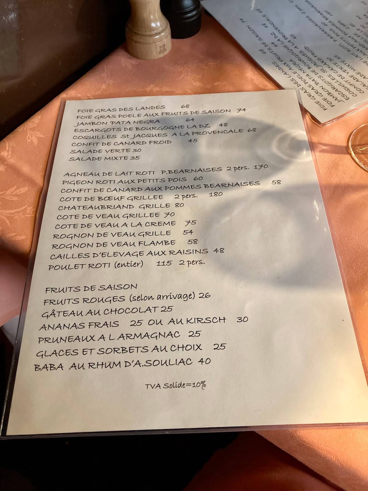 Menu at Chez l'Ami Louis restaurant, Paris, 32 Rue du Vertbois