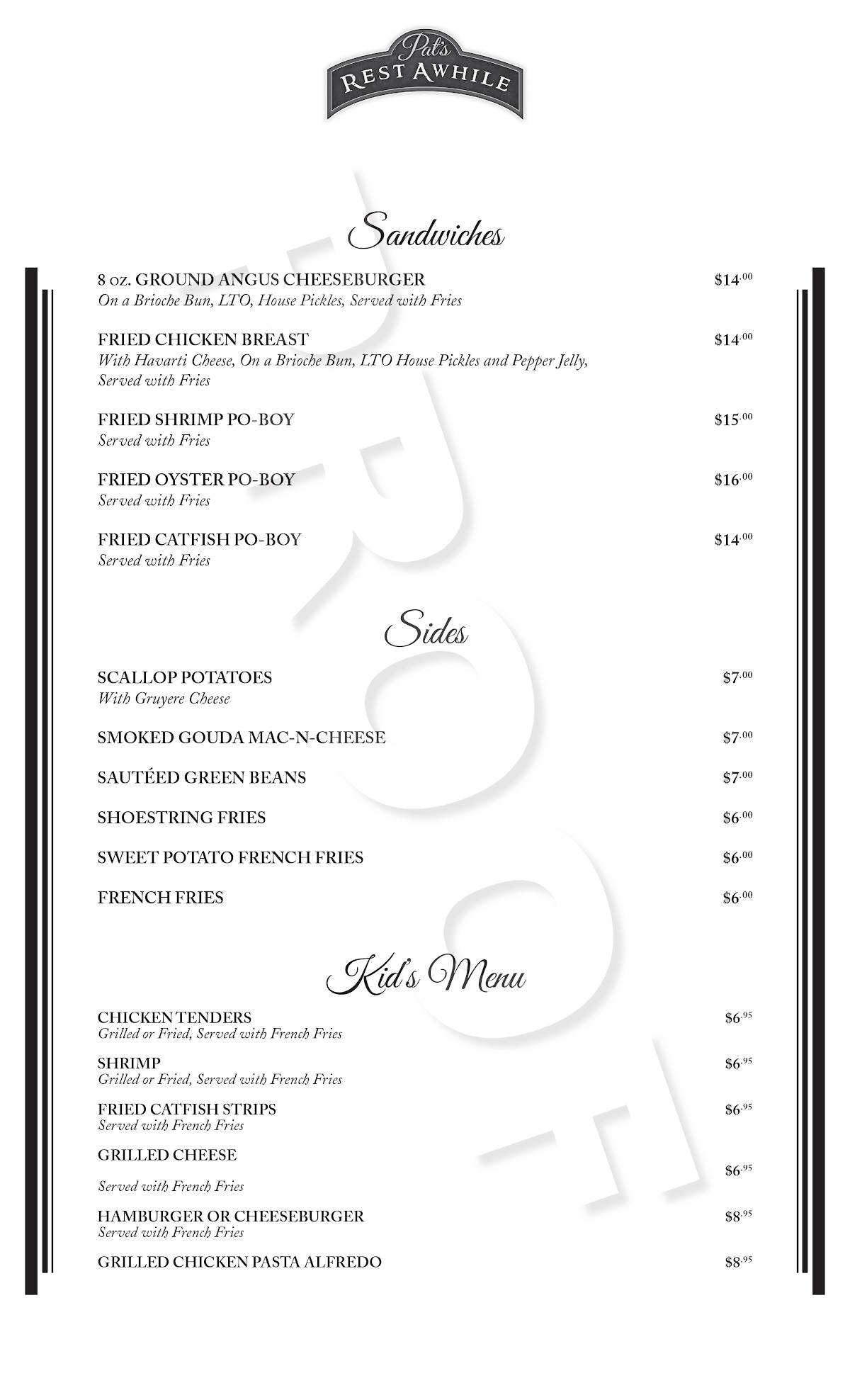 Menu at Pat's Rest Awhile pub & bar, Mandeville