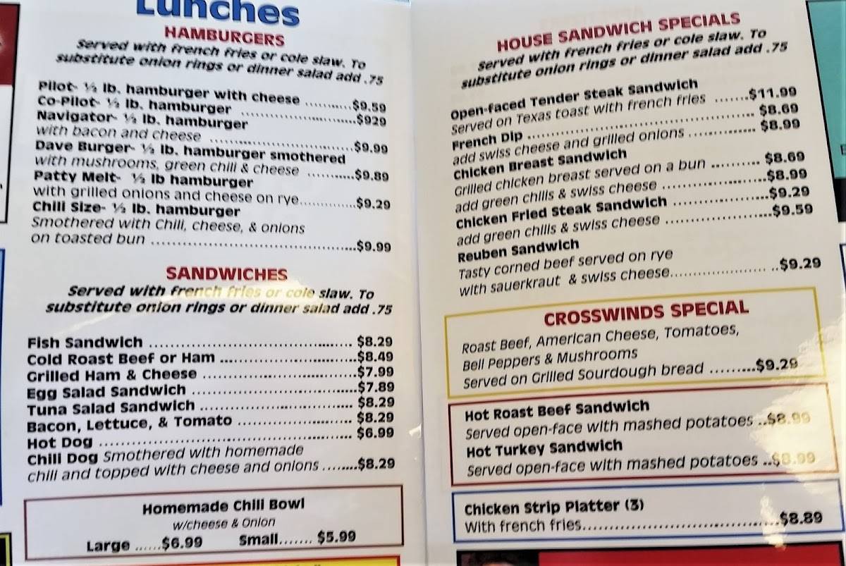 Menu at Crosswinds Restaurant, Payson