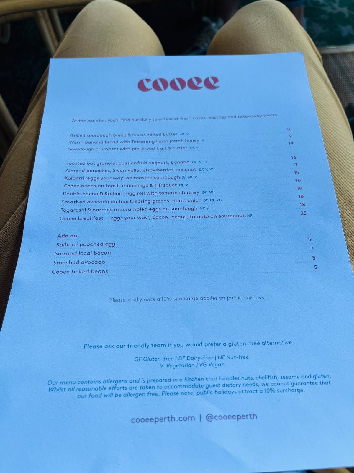 Menu at Cooee restaurant, Perth