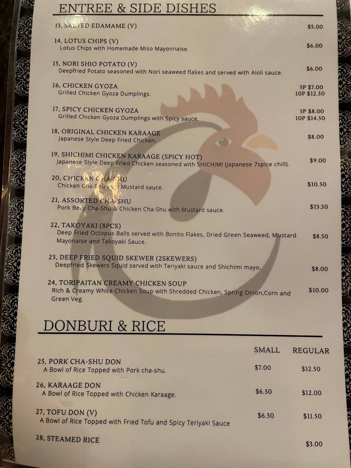 Menu at Tosaka Ramen Bar, Northbridge