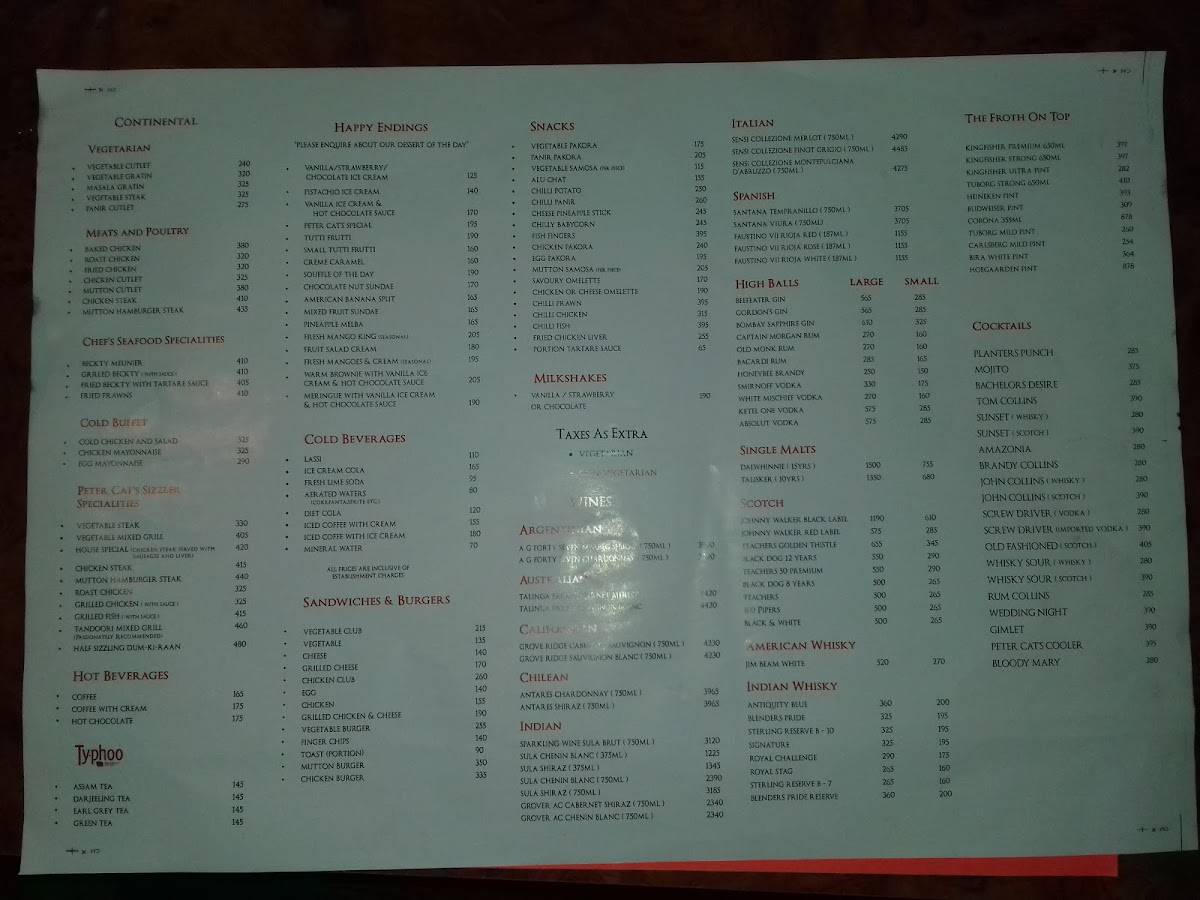 Menu at Peter Cat, Kolkata